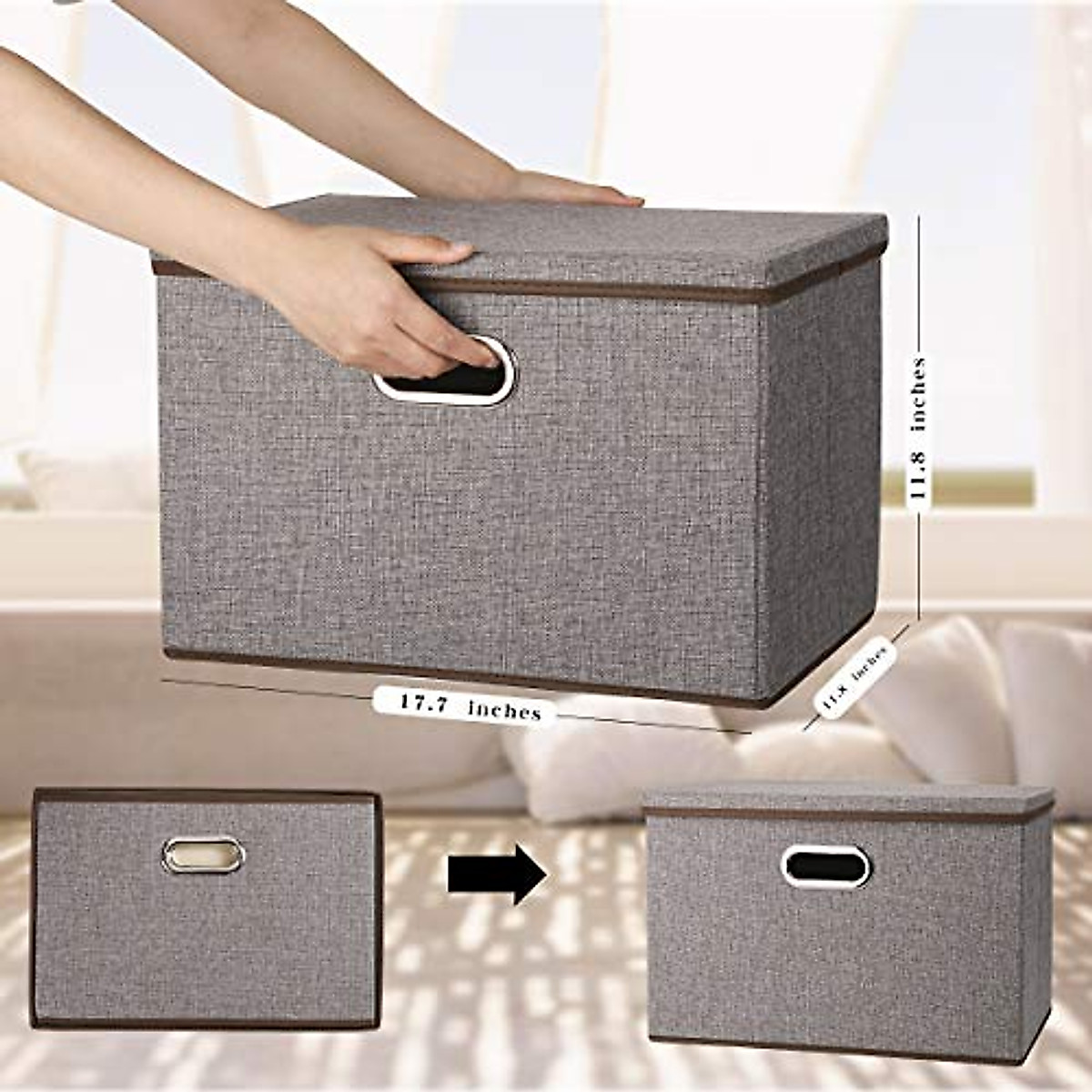 Large Storage Box with Lid [4-Pack] Foldable Fabric Storage Bin with Lid Collapsible Storage Cube Organizer Containers Baskets with Cover (17.7x11.8x11.8)