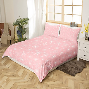Erosebridal Pink Christmas Duvet Cover Queen Girly Romantic Snowflake Bed Sets Princess Winter Comforter Cover Girls Modern Style Bedding Set Bedroom Decor Pink Floral Bedding Set & 2 Pillowcases