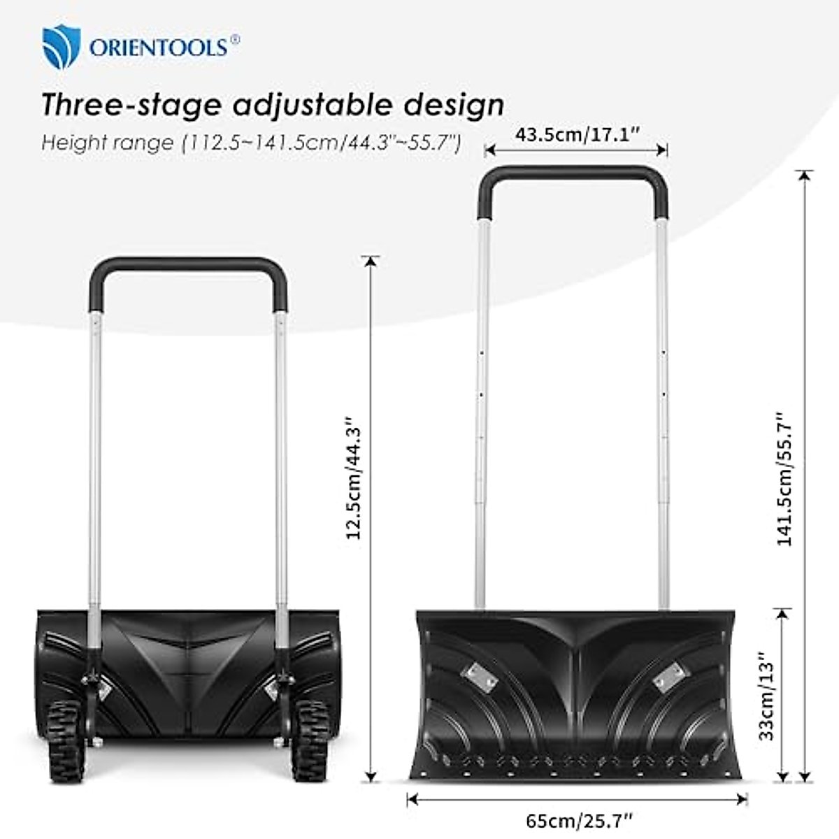 ORIENTOOLS Snow Shovel with Wheels, 26" Wide Blade with 6" Wheels and Adjustable Handle Efficient Snow Plow Shovel Snow Clean Tool for Driveway or Pavement