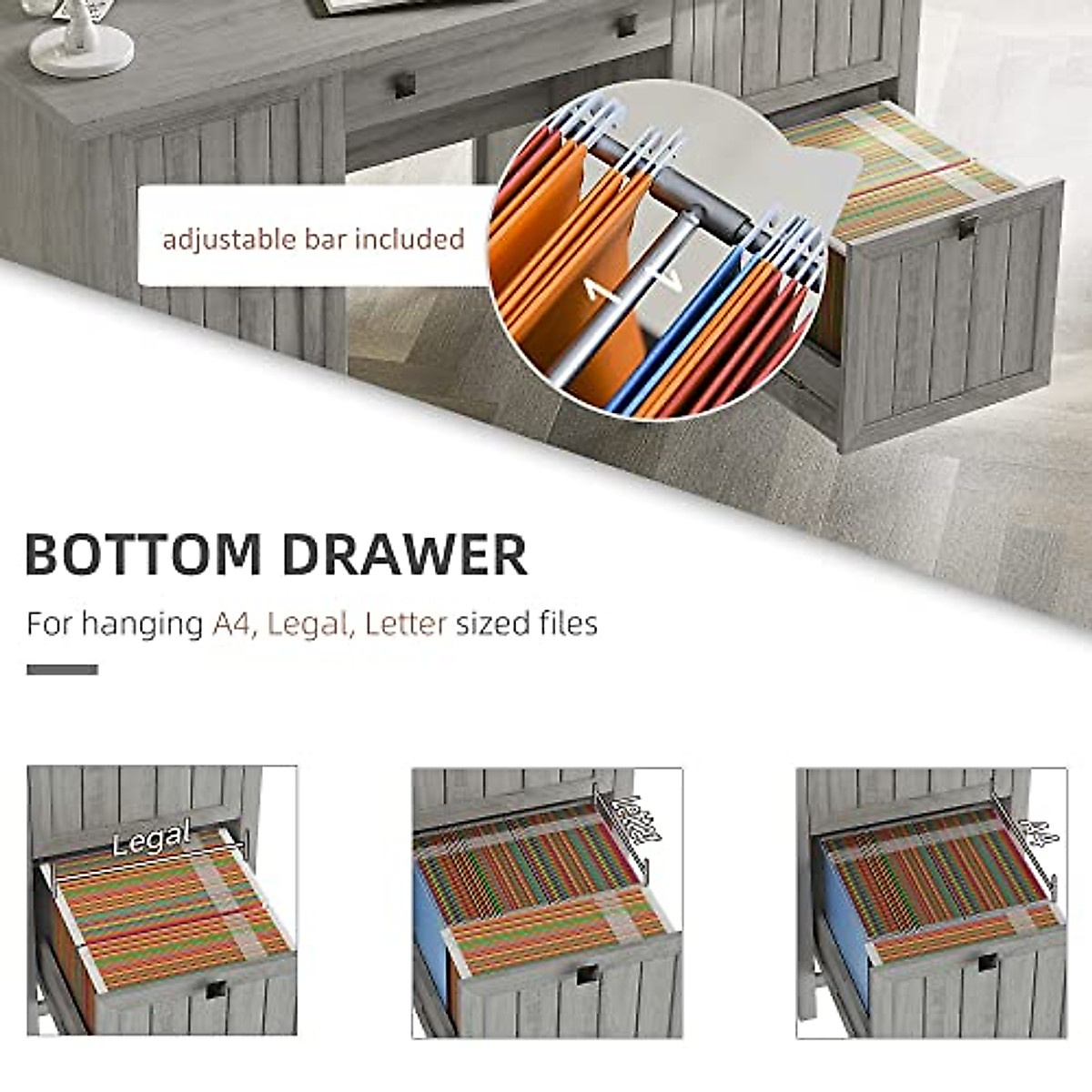 HOMCOM Vintage Executive Computer Desk, Home Office Work Station, Student Table with Cabinet & 3 Drawers for Hanging Files, Grey