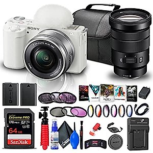 Sony ZV-E10 Mirrorless Camera with 16-50mm Lens (White) (ILCZV-E10L/W) + Sony 18-105mm Lens + 64GB Card + Color Filter Kit + Filter Kit + Corel Photo Software + Bag + NPF-W50 Battery + More (Renewed)