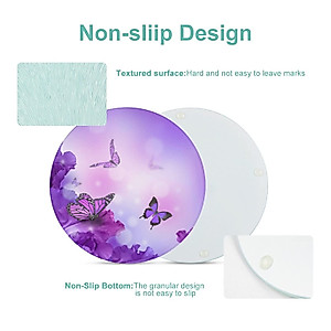 Bagea-Ka Butterfly on Purple Flowers Pattern Tempered Glass Cutting Board 8" Round Kitchen Decorative Chopping Board Small