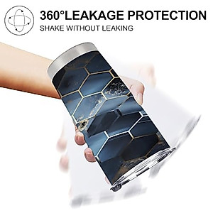 FHENMSA Reusable Plastic Water Cups with Lids,Blue Hexagons And Diamonds Print Anti-overflow Cup,sports Travel Coffee Cup