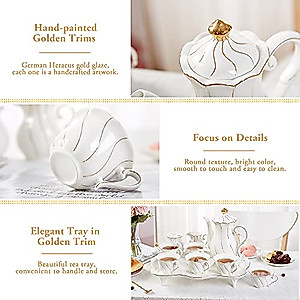 DUJUST 14 pcs Tea Set for 6 with Tea Tray & Spoons, Luxury British Style Tea/Coffee Cup Set with Golden Trim, Beautiful Porcelain Tea Set for Living Room Decor, Tea Party Set, Gift Package - White