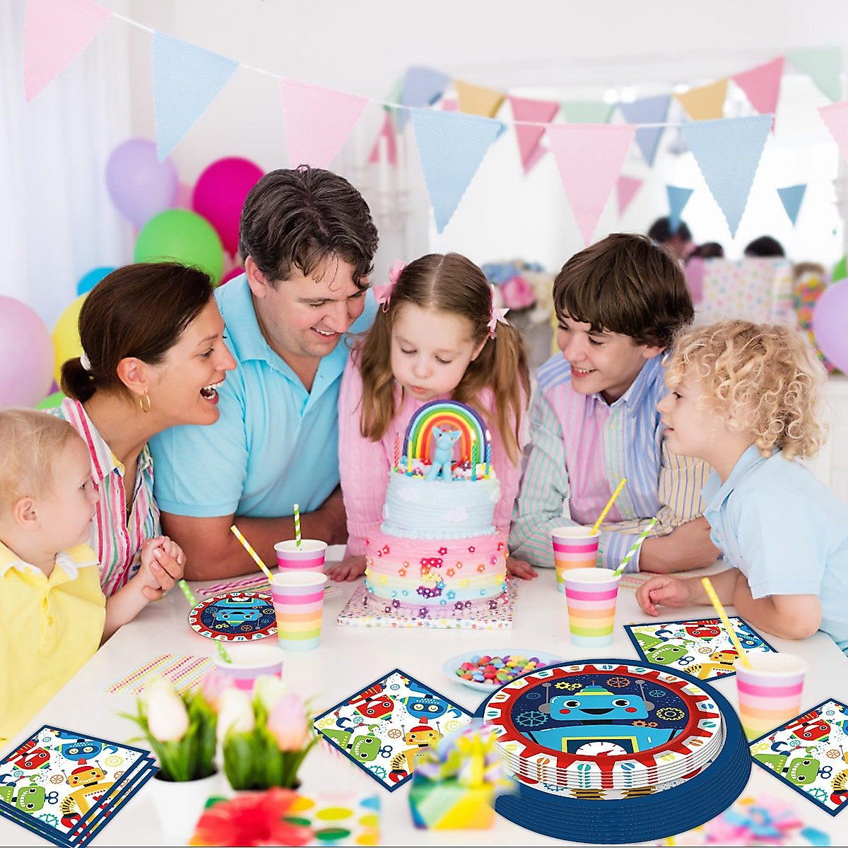 Cartoon Robot Birthday Party Tableware Set Serves 24 - Disposable 7 inch Paper Plates, 9 inch Paper Plates, Napkins, Forks, Robot Theme Wedding Baby Shower Party Supplies for 24 Guests