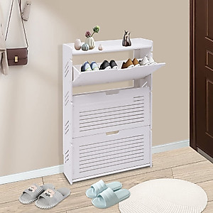 DreamRcoach 3-Layer Shoe Storage Cabinet, Tipping Shoe Cabinet, Freestanding Shoes Rack, Bamboo Shoes Shelf Rack for Hallway, Bedroom, Apartment, 19.29 x 6.69 x 42.91inch, White