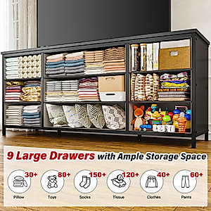 EnHomee Dresser, Dresser for Bedroom with 9 Drawers, Wide Dresser TV Stand for 55” TV Stand for Bedroom Dresser Long Dressers & Chests of Drawers, Metal Frame&Wood Top, Closet, Hallway, Charcoal Black