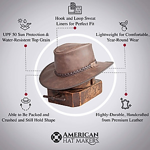 American Hat Makers Crusher Premium Leather Outback Hat– Cowboy Hats for Men & Women – Handcrafted, Packable Wide Brim Hat – Leather Western Gifts – Black Cowboy Hat