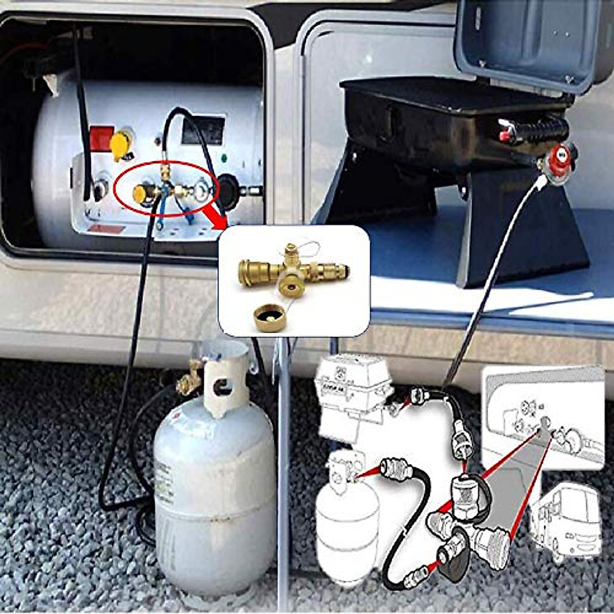 MCAMPAS Propane Cylinder Brass Tee with 4 Port Adapter for Motorhomes Tank RV Camping