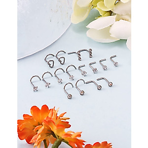 Kwoencxi 20G Nose Rings Stud Piercing Jewelry for Women 20 Gauge Surgical Stainless Steel Screw Twist Spiral L Shaped Bend Silver Nose Nostril Ring Stud Hook Piercing Jewelry Pack Set Men Diamond 2MM