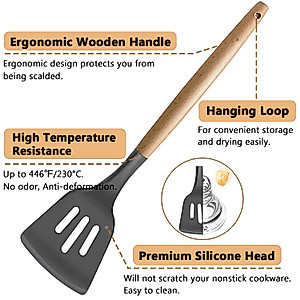 IOCBYHZ Kitchen Cooking Utensils Set, 6Pcs Silicone Cooking Kitchen Utensils Set Spatula Soup Ladle Turner Set, Heat Resistant Wooden Handle Silicone Kitchen Gadgets Utensil Set for Nonstick Cookware