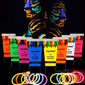 Depvision Glow in the Dark UV Face and Body Paint 8 x 20 ml (0.68 fl oz) Neon Blacklight Reactive Fluorescent for Christmas Halloween Party Non-toxic