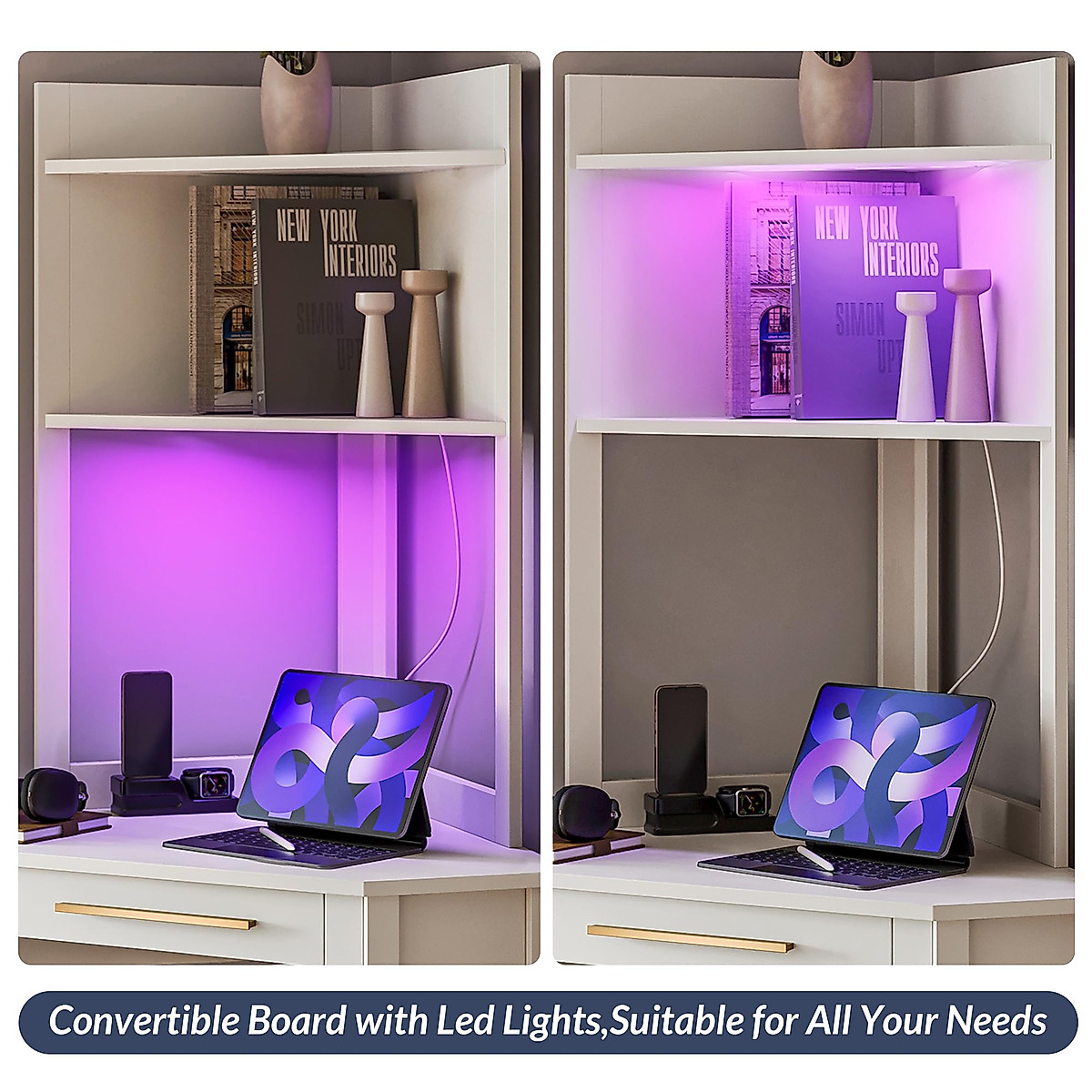 BELLEZE Corner Desk with Hutch, Compact Home Office Desk with Display Shelf and Drawer, Space Saving Writing Desk with Charge Outlets and LED Lights for Living Room, Bedroom - Tate (White)