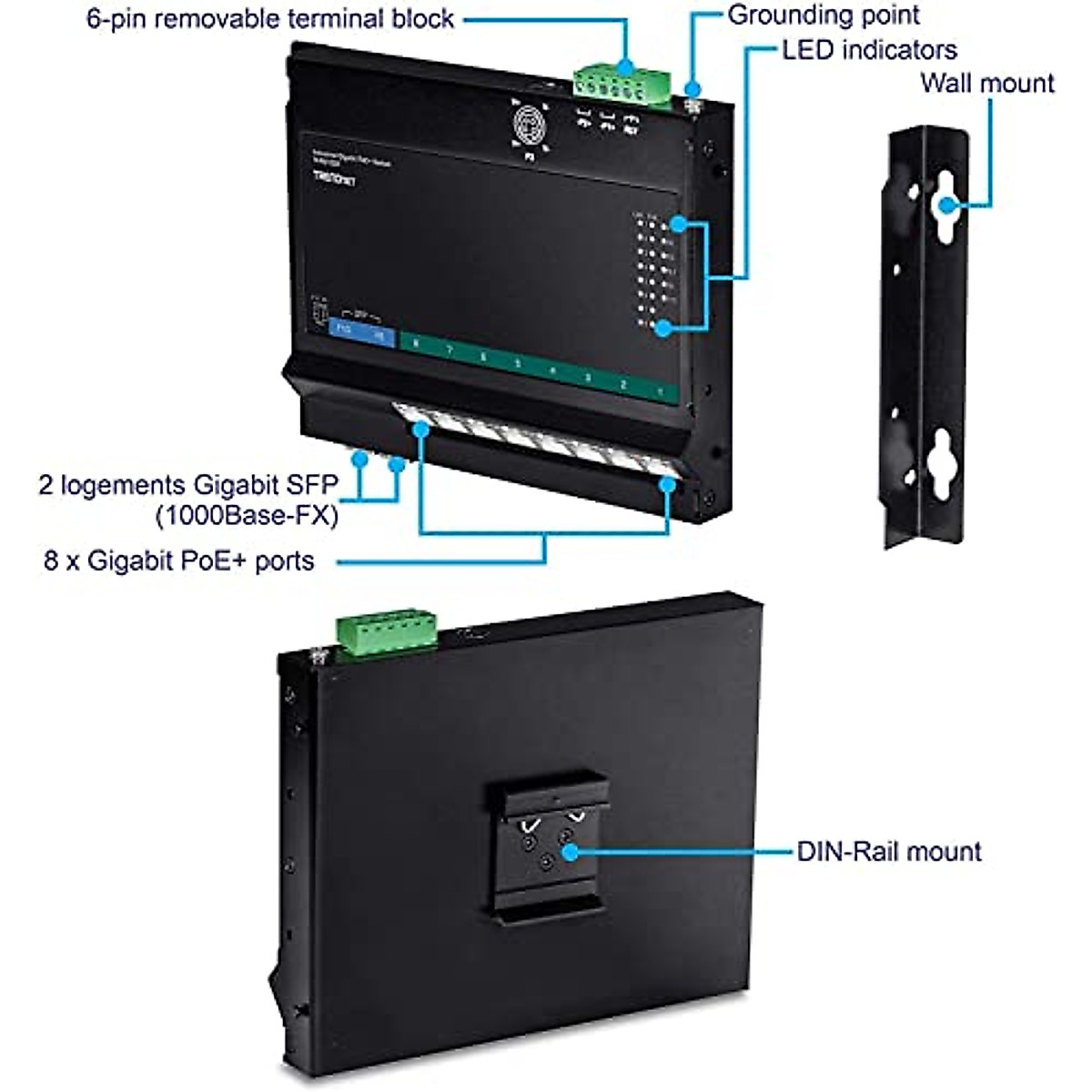 TRENDnet 10-Port Industrial Gigabit PoE+ Wall-Mounted Front Access Switch, TI-PG102F, 8x Gigabit PoE+ Ports, 2 x Gigabit SFP Slots, 240W PoE Budget, DIN-Rail & Wall Mount Brackets Included, IP40 Rated