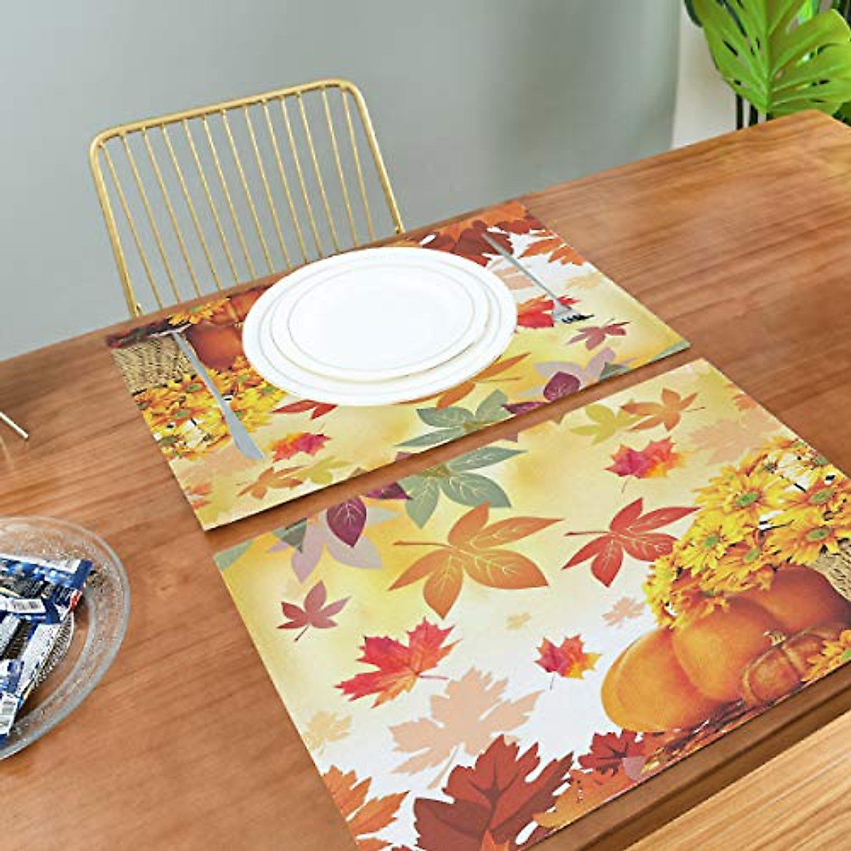 Sunflower Maple Leaves Pumpkin Autumn Fall Placemats Set of 4 Table Mat, Happy Thanksgiving Day Turkey Give Thanks Table mat Placemat Heat Resistant Stain Washable for Kitchen Decoration 12" x 18"