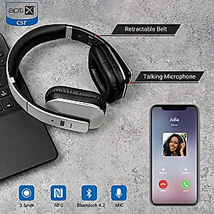 August EP650 Bluetooth Wireless Over Ear Headphones with aptX LL Low Latency/Multipoint/NFC / 3.5mm Audio in/Headset Microphone - Silver
