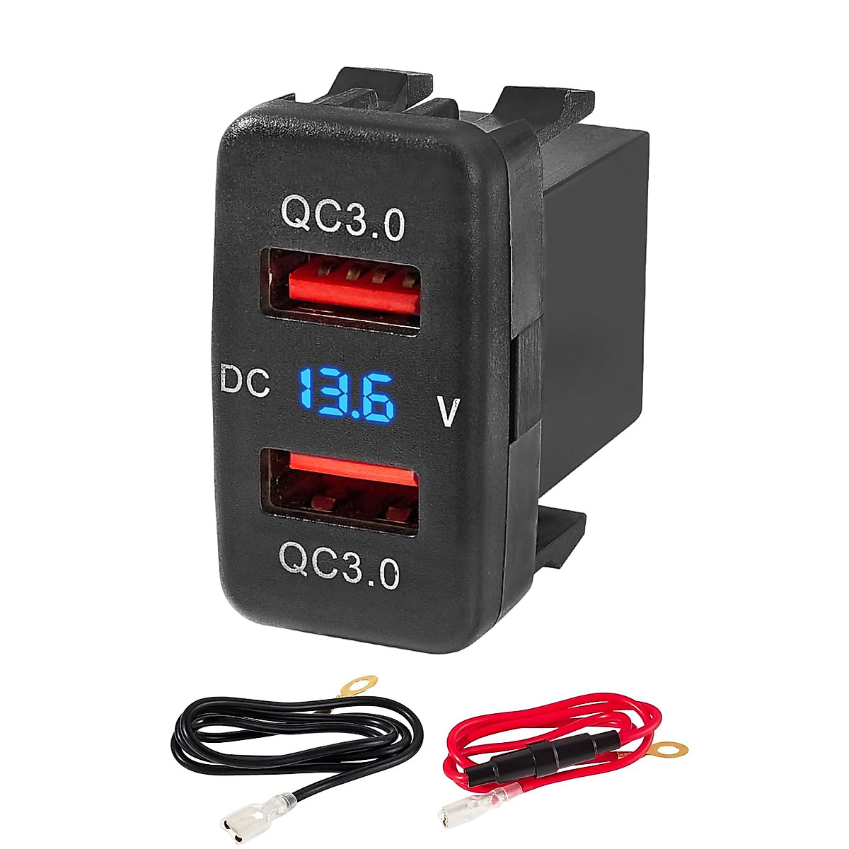 Anina Dual QC USB 3.0 Charger Port for Toyota, 12V/24V 18W Quick Charge Socket Adapter with Digital Voltmeter Blue LED Light, Multi-Port USB Square Car Outlet Plug for Tacoma FJ Cruiser Highlander