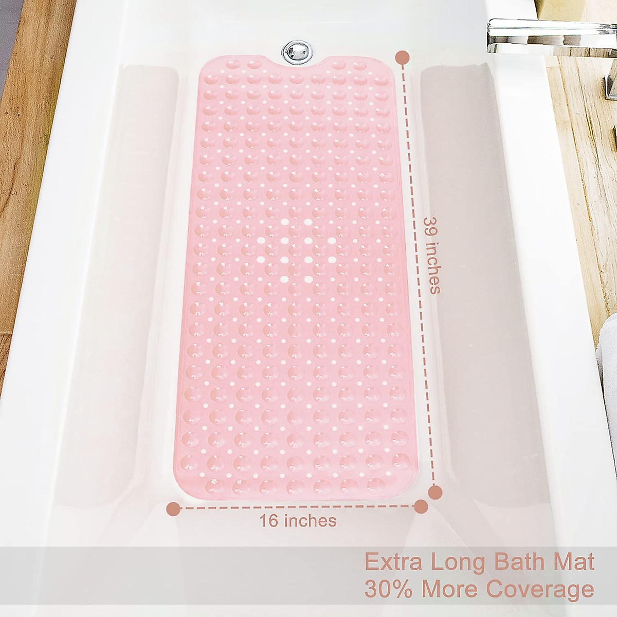 TEESHLY Bath Tub and Shower Mats, Non-Slip 39 x 16 Inch Extra Long Bathtub Mat, Machine Washable BathMat with Drain Holes, Suction Cups for Bathroom (Opaque Pink)
