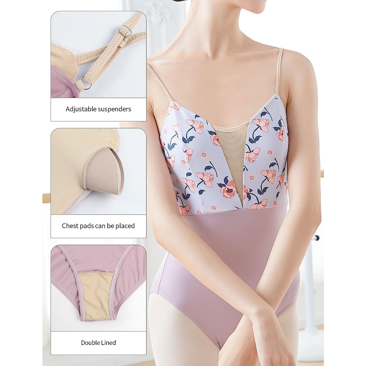 Cuulrite Women's Ballet Leotard Print Backless Camisole Dance BodySuit, Light Purple, Medium