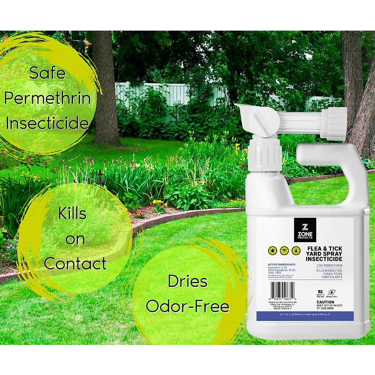 Zone Protects Flea and Tick Yard Permethrin Insecticide. Kills Ticks, Fleas, Spiders, Ants. Hose End (32 oz) Permethrin Yard Spray. Covers 10,000 sq.ft. Permethrin is Odorless