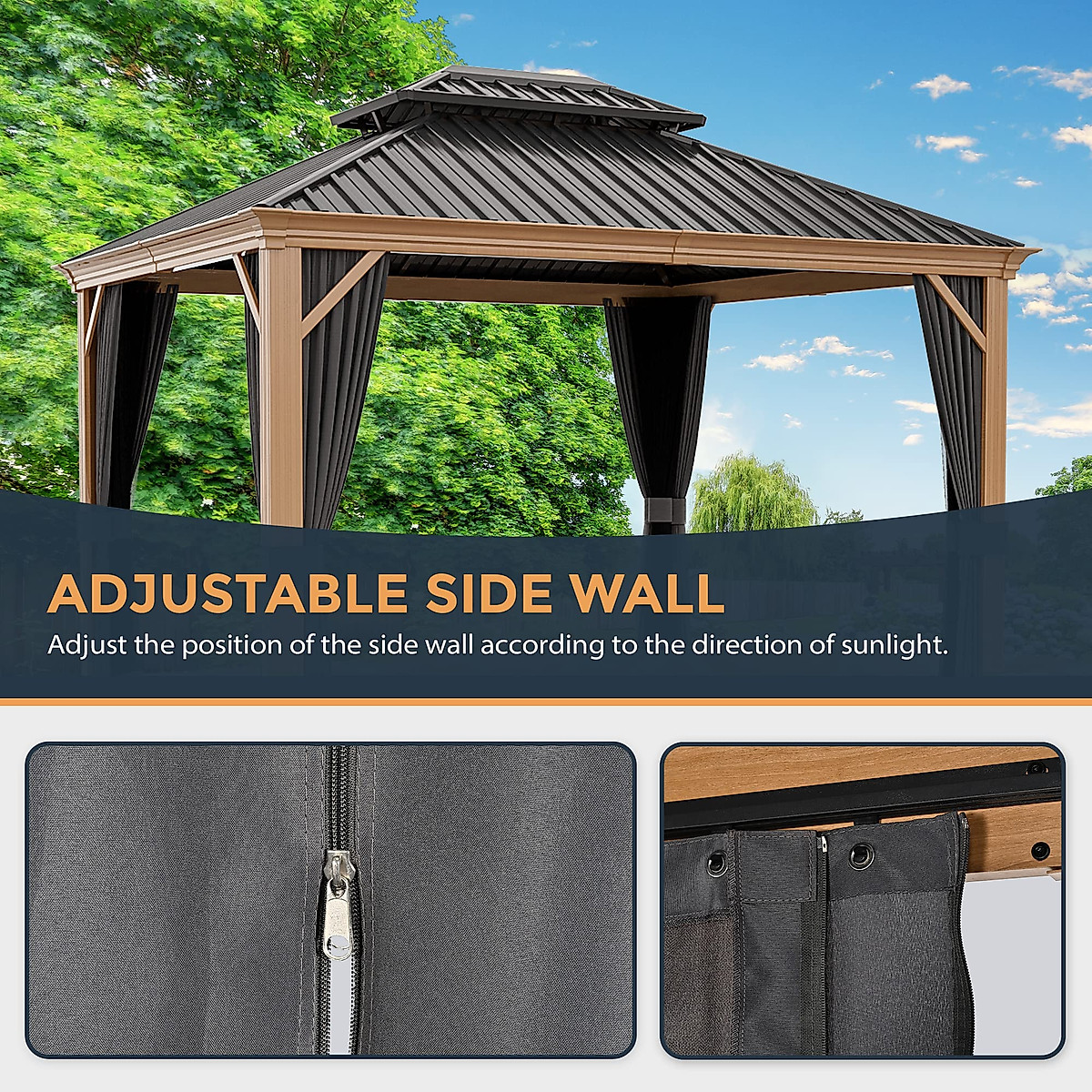 HAPPATIO 10' x 12' Hardtop Gazebo, Outdoor Wood Grain Frame Aluminum Gazebo, Double Roof Permanent Patio Gazebo Canopy with Netting and Curtains for Garden, Patio, Lawns, Parties (Grey)