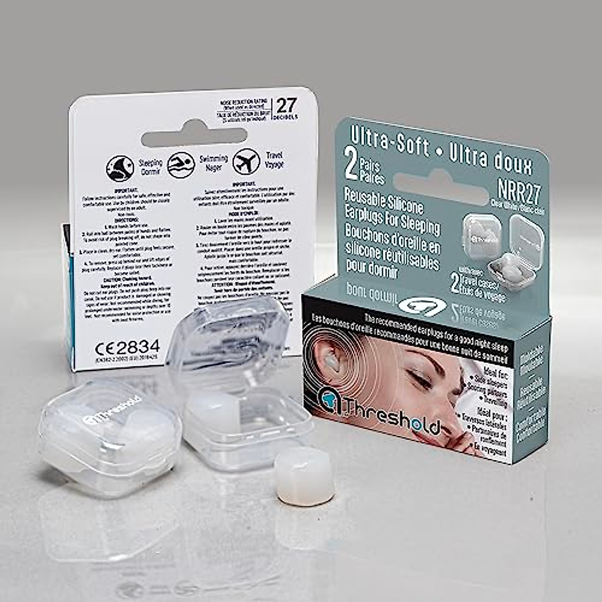 Soft Silicone Earplugs for Sleeping, Swimming, Travel, Working, Snoring, Moldable, Reusable, Waterproof, Noise Reduction, 2 Pairs, with 2 Travel Cases Mini Pack, White