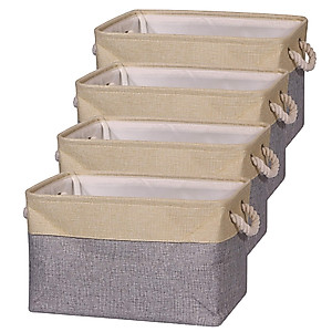 TENABORT Set of 4 Large Storage Basket Bin, Foldable Storage Cube Box Canvas Fabric Collapsible Organizer with Handles for Closet Home Office Clothes Shelf Nursery, Grey and Beige