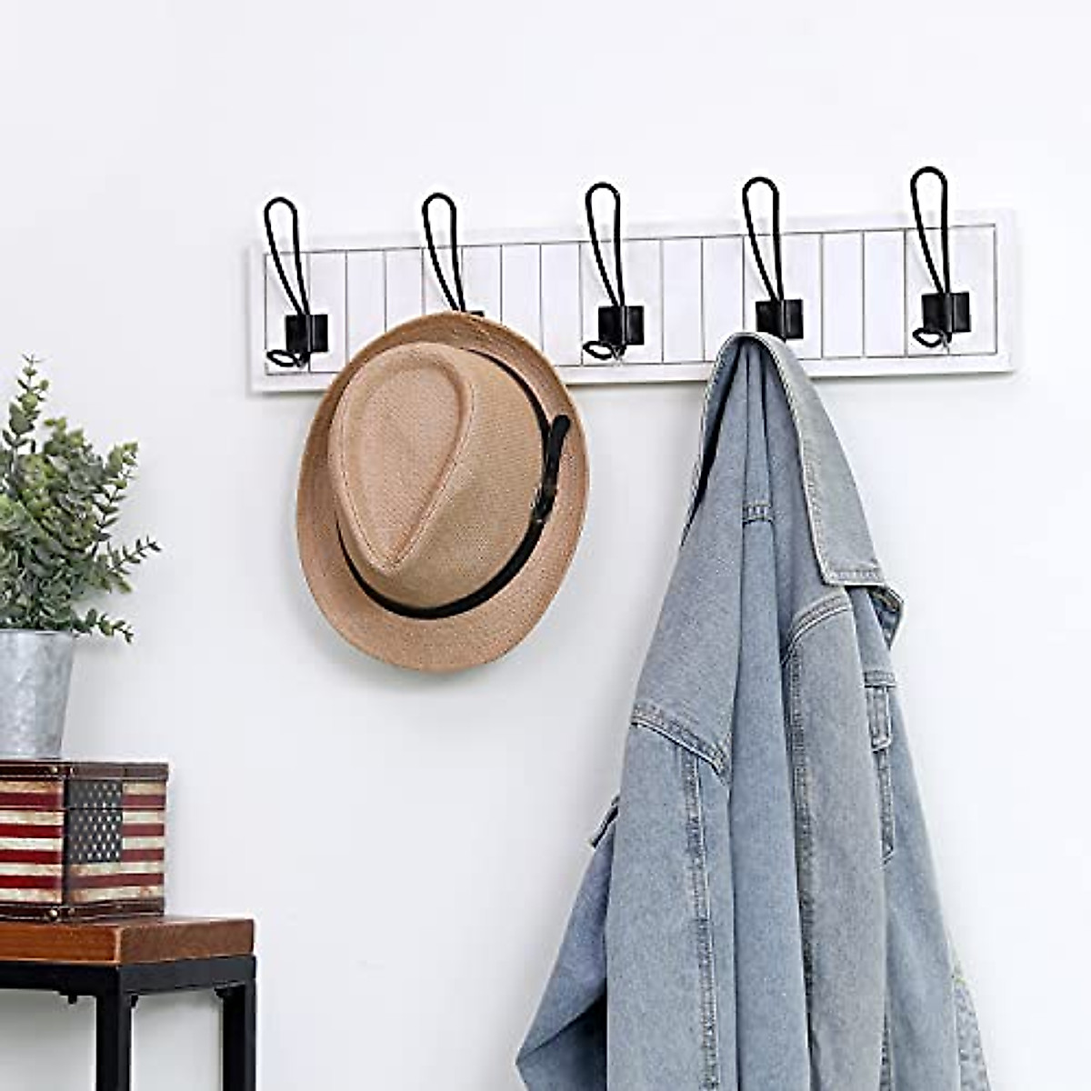 MyGift Farmhouse Wall Mounted White Wood and 5 Black Metal Wire Loop Dual Hooks Coat Rack, Decorative Hangers for Entryway Hats, Bathroom Towels, Closet Clothes
