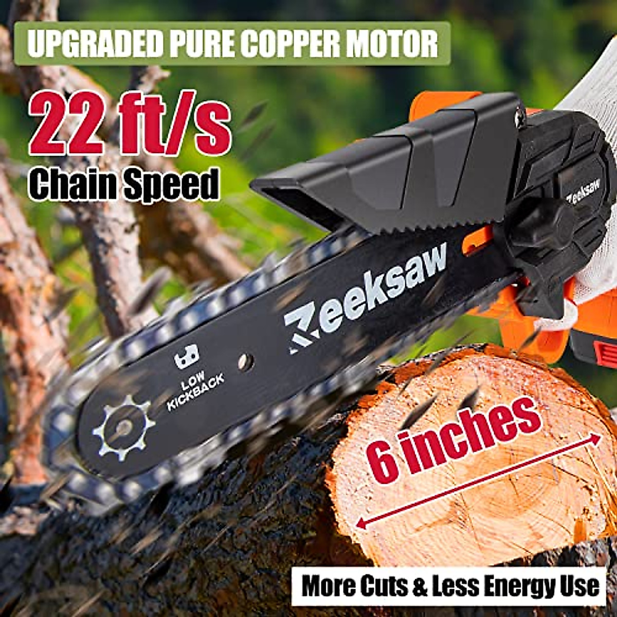 Mini Chainsaw 6 Inch Cordless, Zeeksaw Super Power Hand Chain Saw with Battery, 1 Hour Run-Time Electric Chainsaw Cordless, Small Handheld Chainsaw Battery Powered, Electric Mini Chain Saw - Tree Wood