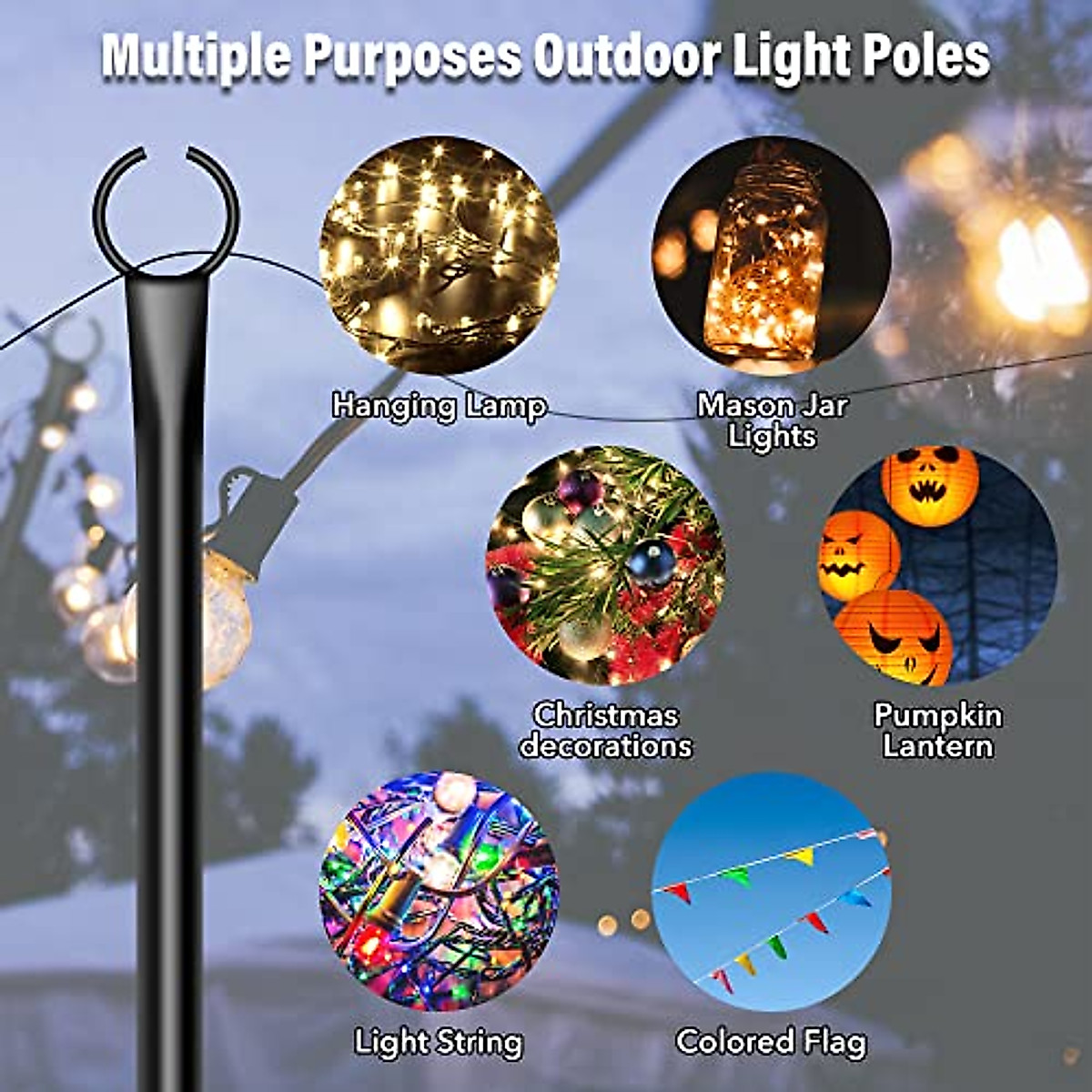 Ointo Garden String Light Pole - Outdoor Metal Poles with Hooks for Hanging String Lights - Garden, Backyard, Patio Lighting Stand for Parties, Wedding（2 Pack）