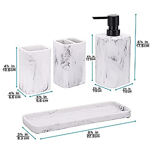 ZCCZ Bathroom Accessory Sets, 4 Pieces Bathroom Accessories Complete Set Vanity Countertop Accessory Set with Marble Look, Includes Lotion Dispenser Soap Pump, Tumbler, Toothbrush Holder and Tray
