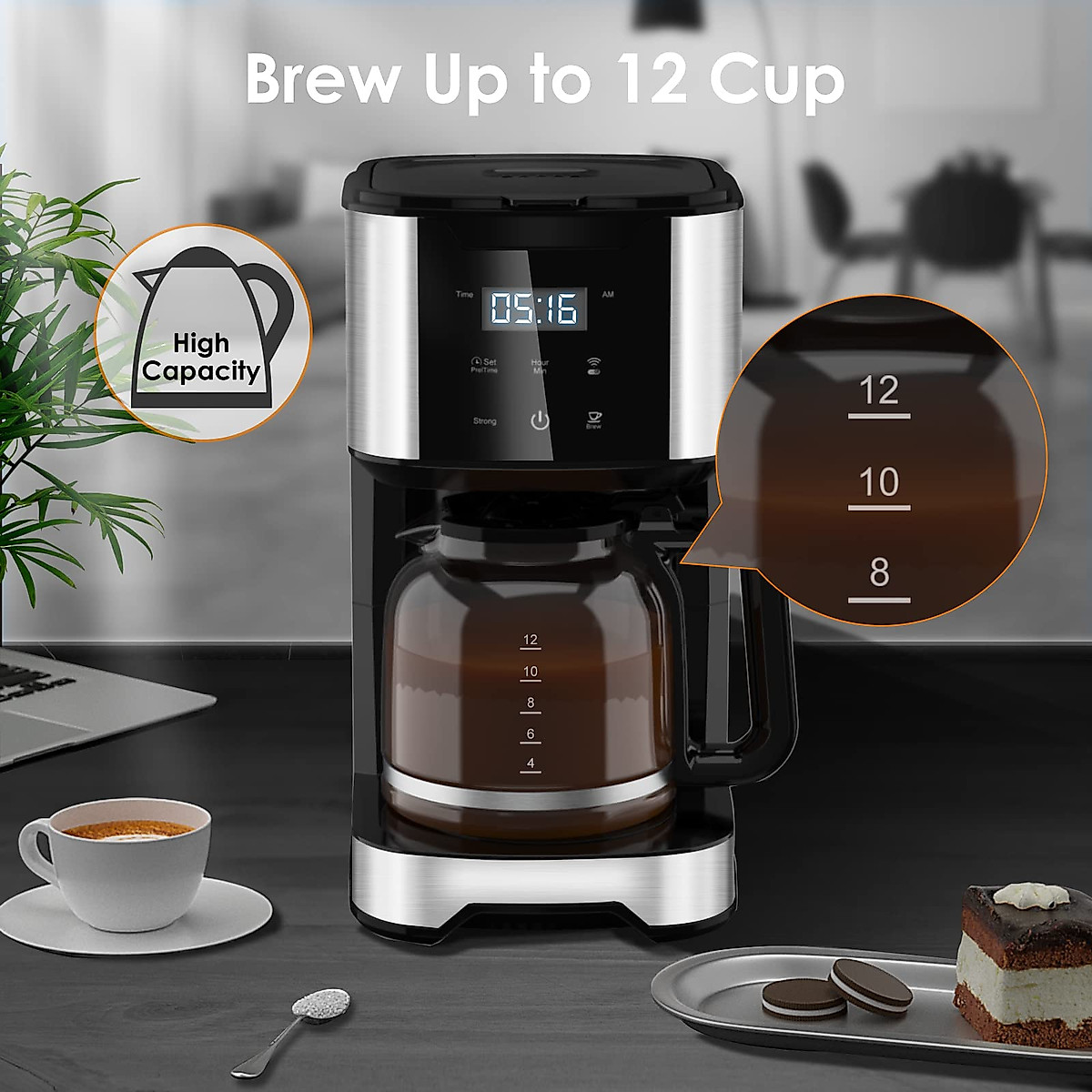 HOMOKUS 12 Cup WIFI Coffee Maker, Programmable Coffee Maker, Drip Coffee Machine Stainless Steel with Brew Strength Control, LCD Screen, Anti-Drip System