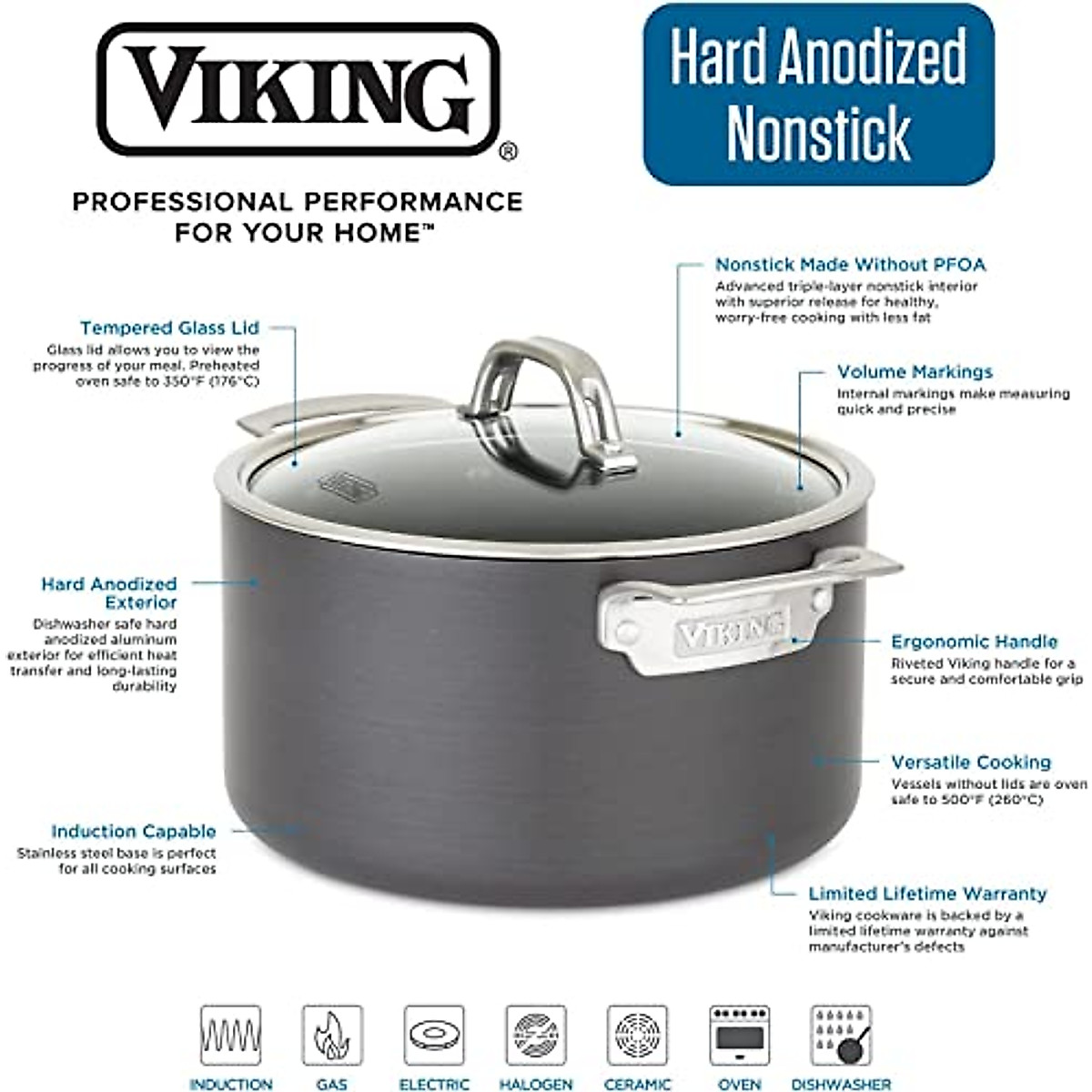 Viking Culinary Hard Anodized Nonstick Stock Pot, 8 Quart, Includes Glass Lid, Dishwasher, Oven Safe, Works on All Cooktops including Induction, Gray