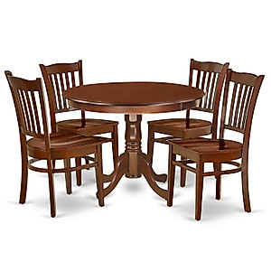 East West Furniture HLGR5-MAH-W 5 Piece Dining Room Furniture Set Includes a Round Dining Table with Pedestal and 4 Wood Seat Chairs, 42x42 Inch, Mahogany