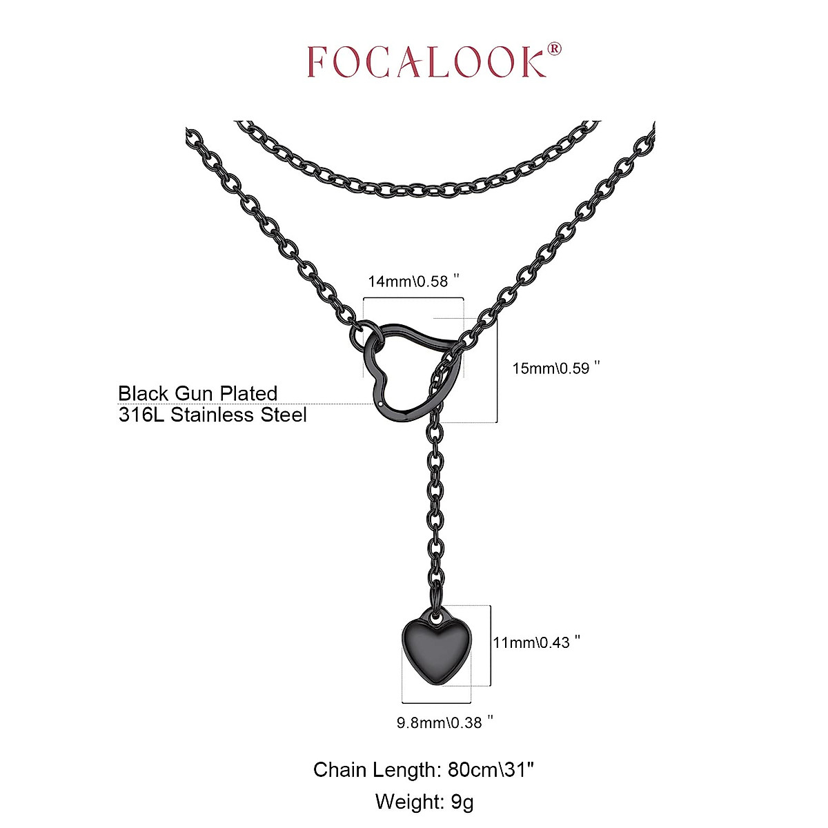 FOCALOOK Black Long Necklaces for Women Trendy Drop Heart Pendant Lariat Long Chain Elegant Y-Necklaces