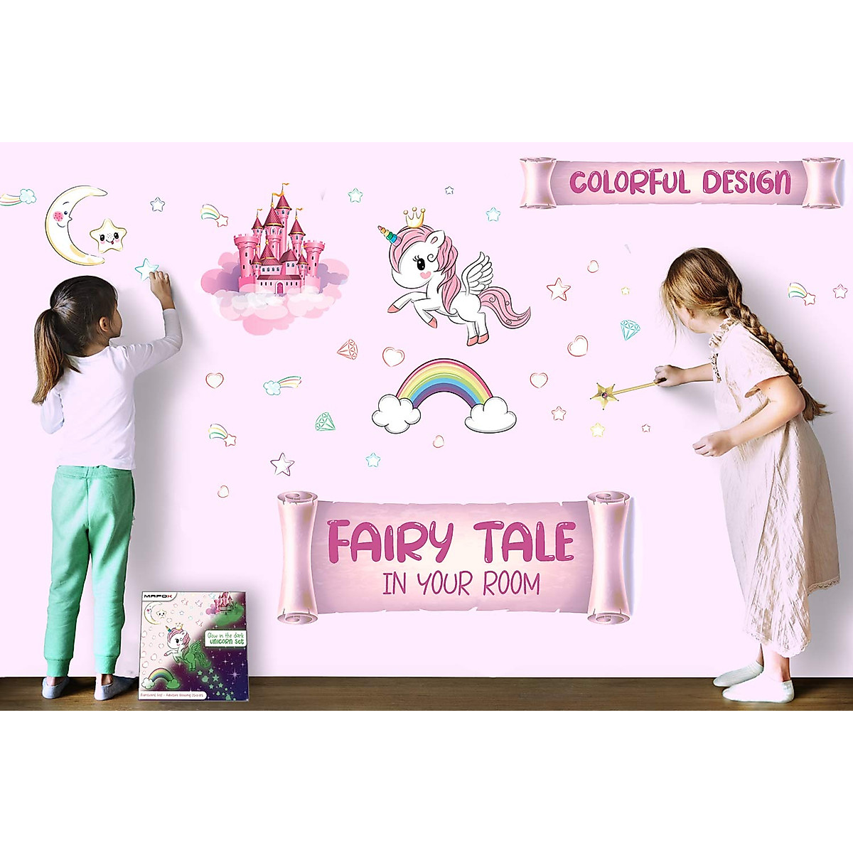 Glow in The Dark Stars, Glowing Unicorn Sets with Castle Moon and Rainbow Wall Decals for Kids Bedding Room, Great for Birthday Gift Wall Mural Stickers for Girls and Boys