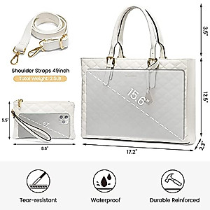 LOVEVOOK Laptop Bag for Women, Work Tote Bag Quilted Leather Computer Shoulder Bag, 15.6 inch Laptop Tote Purse Set, Waterproof Business Briefcase Handbag 2 PCS for Office,Teacher Beige