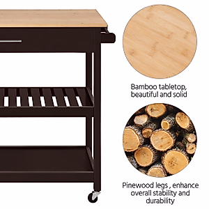 Yaheetech Rolling Kitchen Island Cart, 3 Tiers Microwave Stand Cart Serving Cart on Wheels with Storage Drawer and Shelves 40’’ W Large Countertop, Espresso