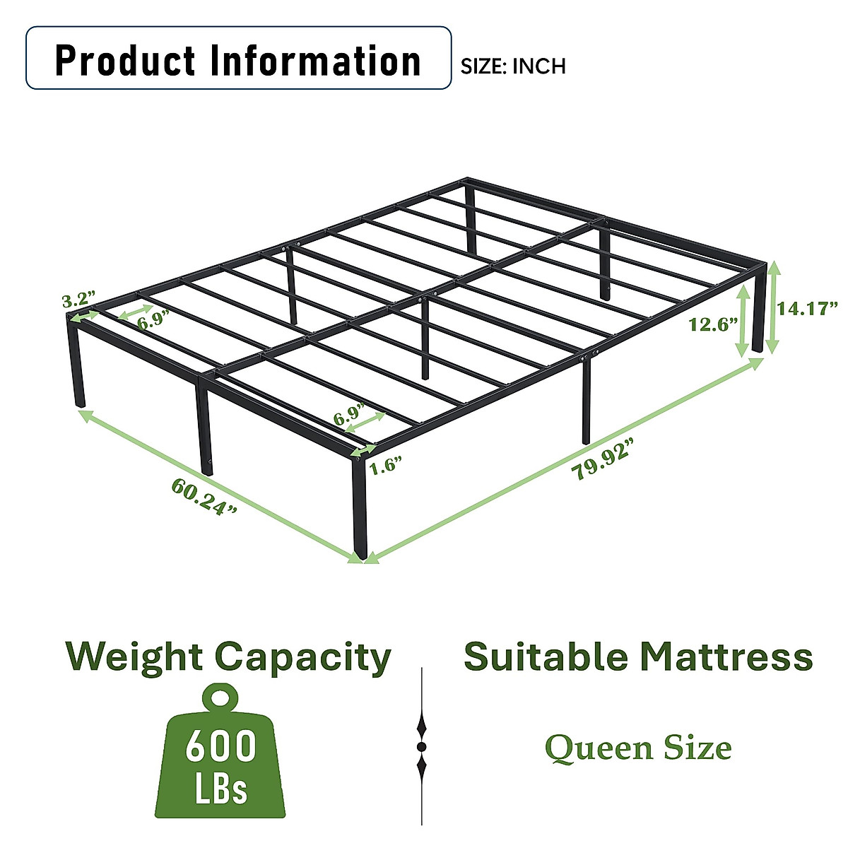Queen Bed Frame - Sturdy Platform Bed Frame Metal Bed Frame No Box Spring Needed Heavy Duty Queen Size Bed Frame Easy Assembly Strong Bearing Capacity, Under Bed Storage (Queen (U.S. Standard))