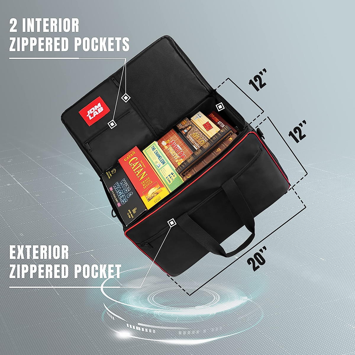 JDM LAB Board Game Bag Carrier Duffel/Backpack - Padded Shoulder Strap, Multiple Zippered Pockets, Water-Resistant, 47L Storage (Black/Black)