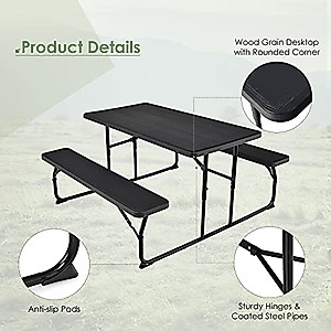 Giantex Folding Picnic Table Bench Set, Outdoor Dining Table Set, Large Camping Table for Patio Deck Lawn Garden Backyard Poolside, Portable Picnic Tables, Weather Resistant Metal Frame, Black