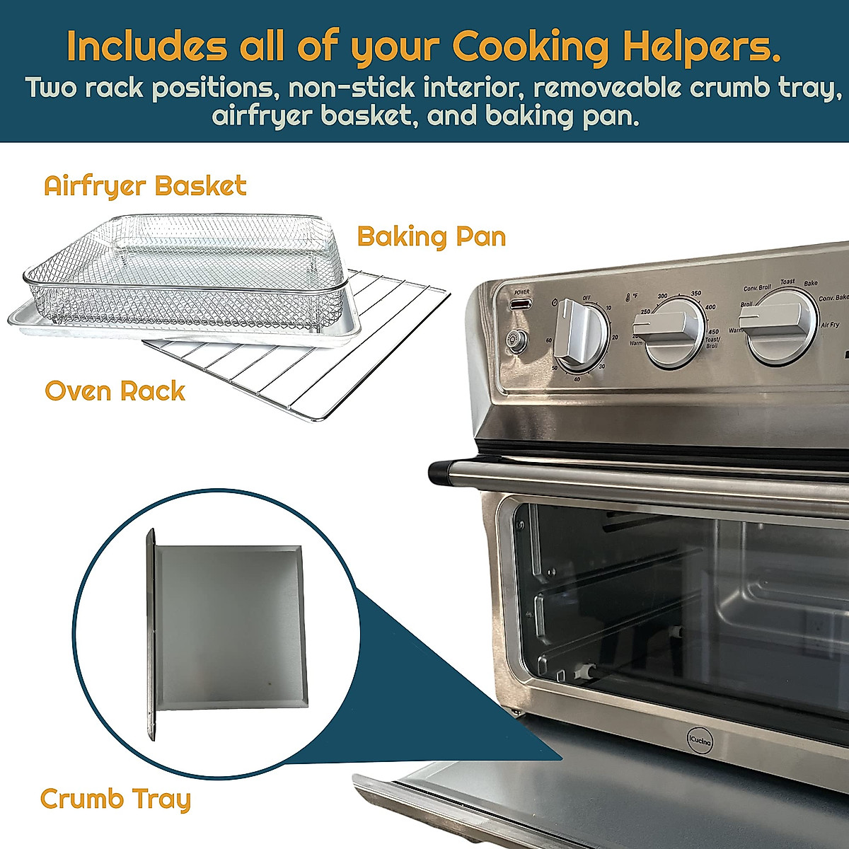 iCucina 1800W Convection Air Fryer Toaster Oven, Large 22.5QT Countertop Oven with 7-in-1 Functions (cut toaster), Stainless Steel