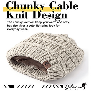 Olivia Sylx Chunky Satin Lined Beanie for Women - Winter Hat - Warm Slouchy Knit Beanie - Beige