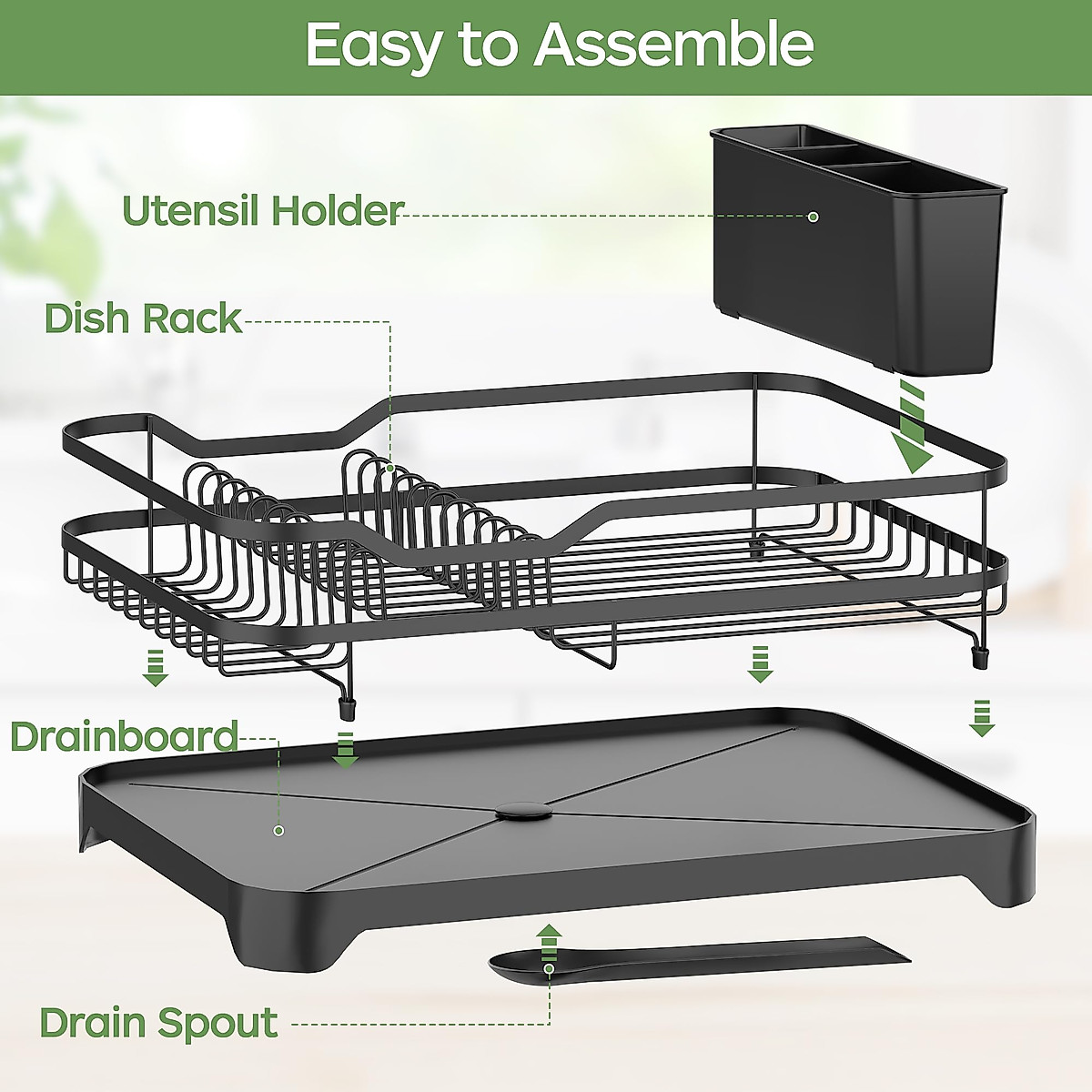 ROTTOGOON Dish Drying Rack, Stainless Steel Rustproof Dish Rack for Kitchen Counter, Sturdy Dish Drainer with Drainboard, Drainage, Utensil Holder for Various Kitchenware, 16.9"(L) x 12.2"(W), Black