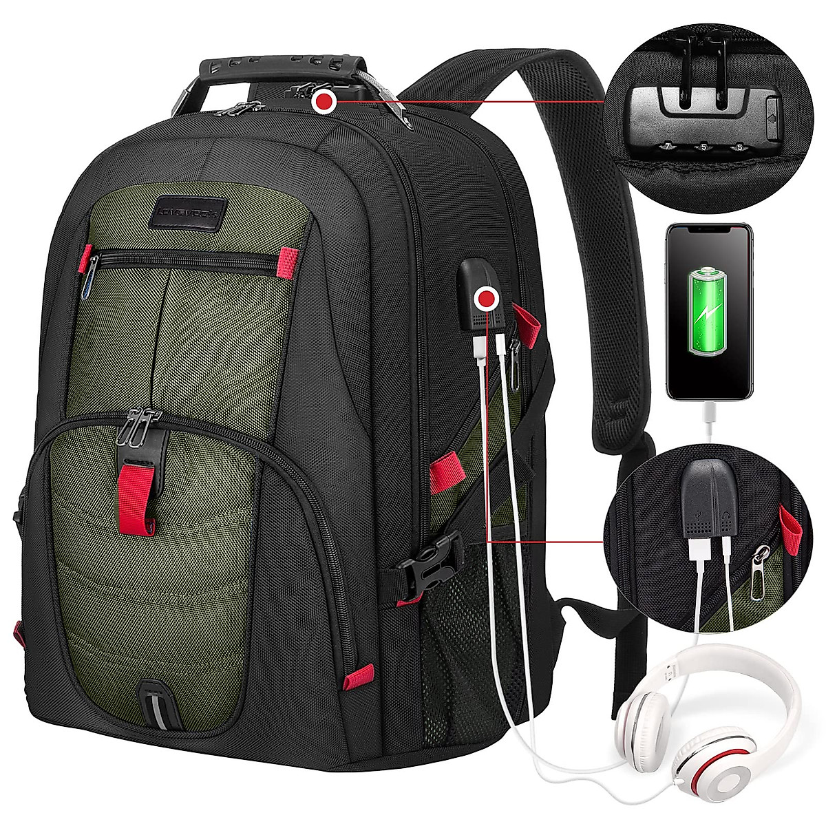 LOVEVOOK Travel Backpack for Men 17inch Large Work Backpack for Men Large Capacity Lockable Mochilas para Hombres Waterproof Computer Backpack for Work Business Travel (17 inch，Green)