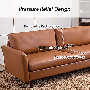 Dreamsir 80'' Faux Leather Sofa, Mid-Century Modern Loveseat Couch with Solid Wooden Frame & Padded Cushions, 3-Seater Sofa Couch for Living Room, Apartment, Lounge Room (Brown)