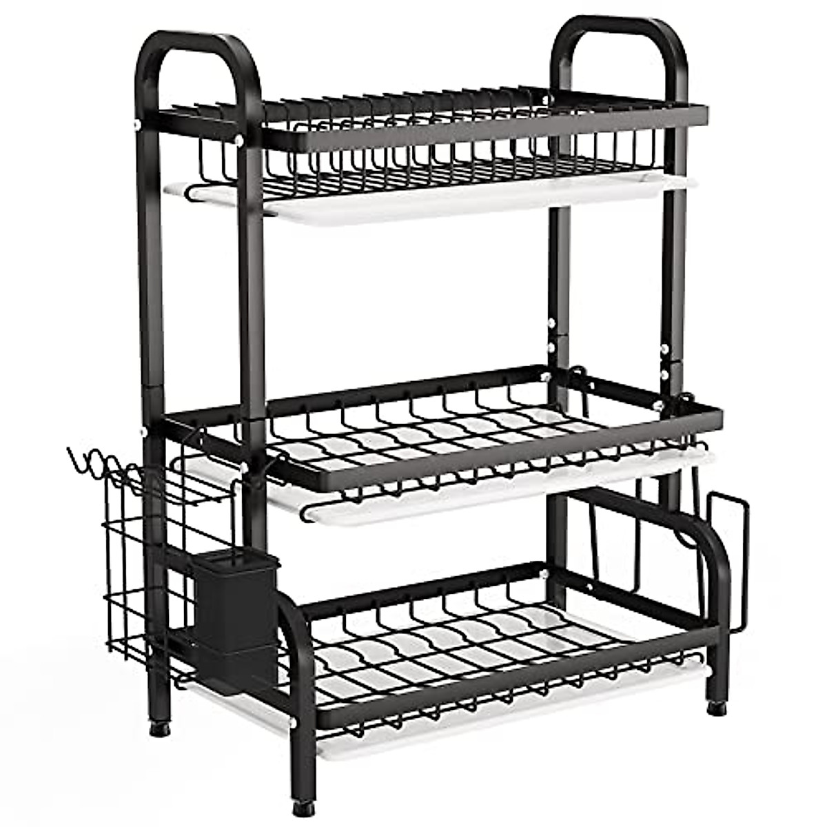 1Easylife Dish Drying Rack, 3 Tier Dish Rack with Tray Utensil Holder, Large Capacity Dish Drainer with Cutting Board Holder Drain Board Tray for Kitchen Counter Organizer Storage (Black)