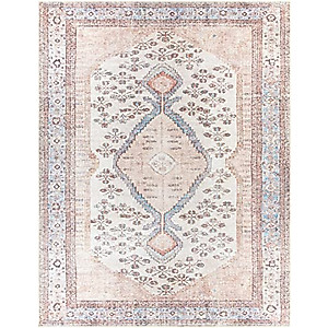 Moora Machine Washable Area Rug - Oriental Persian Medallion Pattern - Bohemian Floral Living Room Carpet - Pink, Blue, Beige, Cream - 7'10" x 10'2"