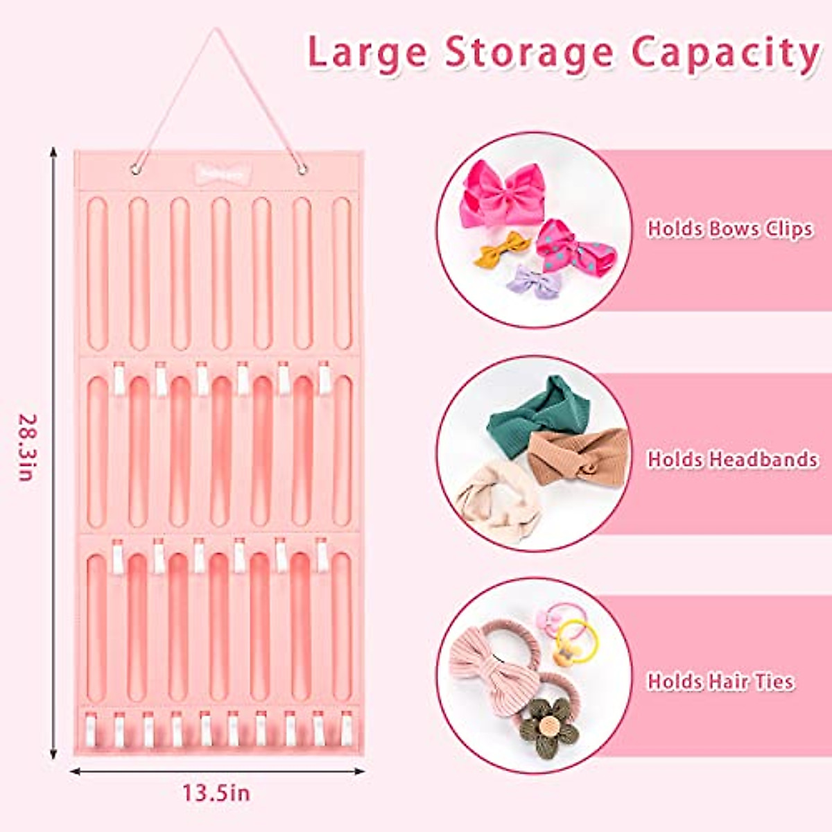 BABEYER Bows Holder Headbands Organizer for Baby Girls, Hair Bow Holder Organizer with Hooks for Baby Girls Room Decor, Pink
