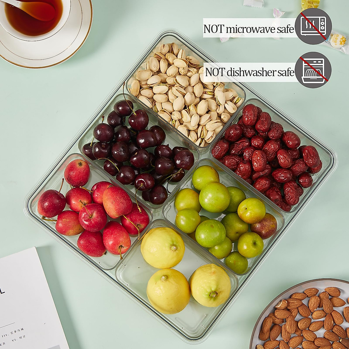 YouLike 12'' Large Divided Snackle Box Charcuterie Container with Handles and Lids 6 Removable Compartment Fruit Serving Tray for Veggie Meal Prep Fridge Storage Box